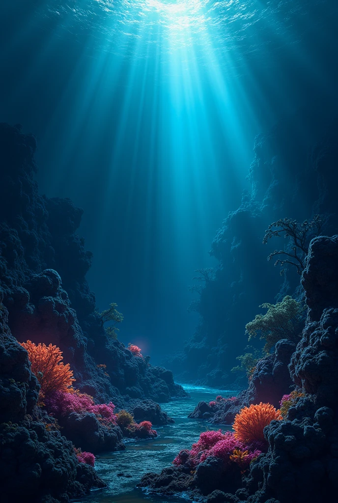 A vast ocean , very deep, with a neon submerged forest and shipwrecked ...