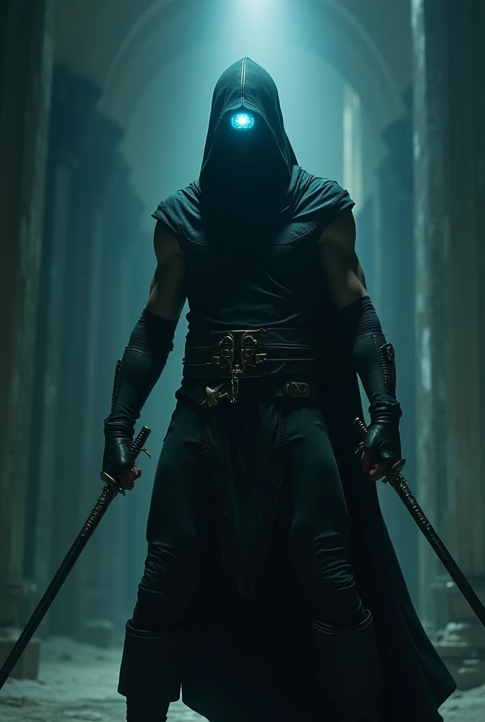 Generate unhooded assassin wearing glowing box on his head holding dual gladius - SeaArt AI