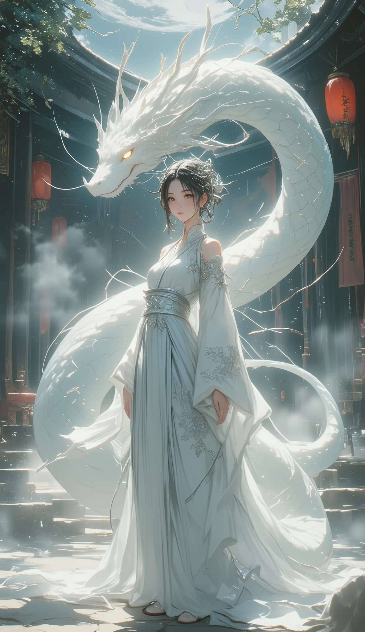 A graceful woman in an elegant white traditional Chinese hanfu, close ...