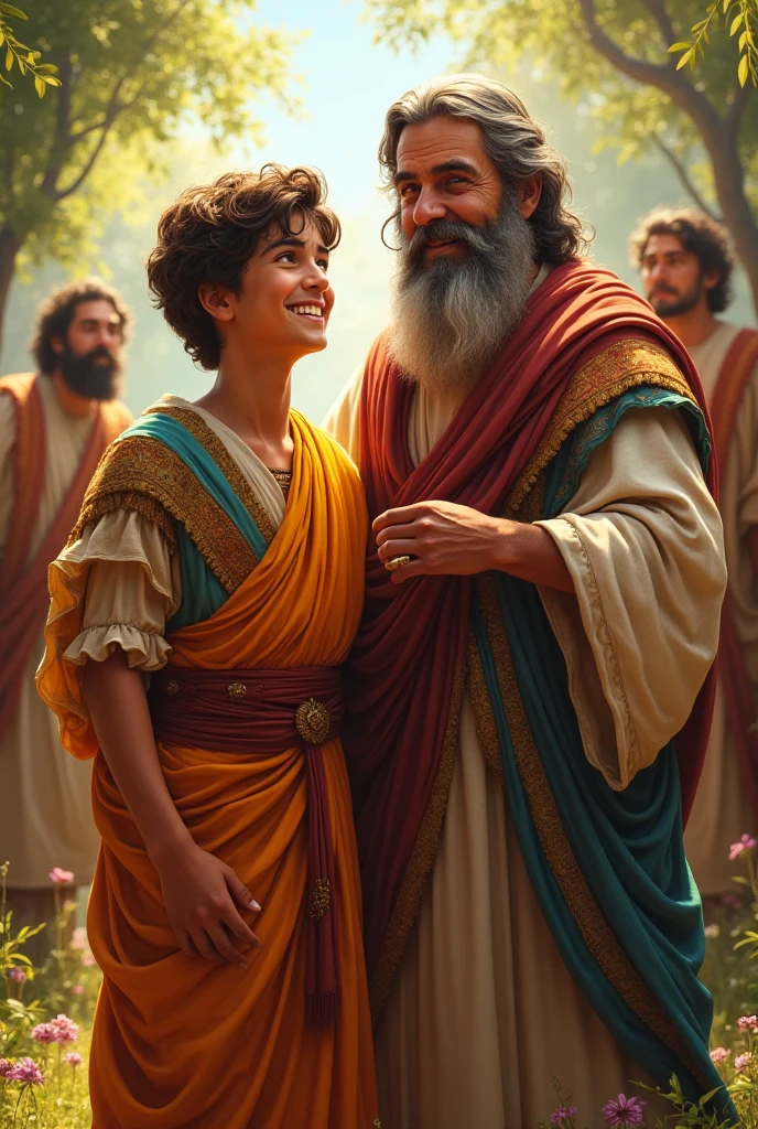Teenage Joseph wearing a colorful robe, standing happily with his ...