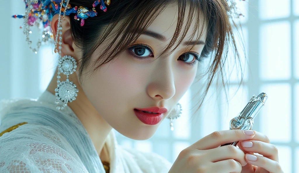 PictuRe of a Japanese female andRoid in heR mid-20s made of shiny white ...