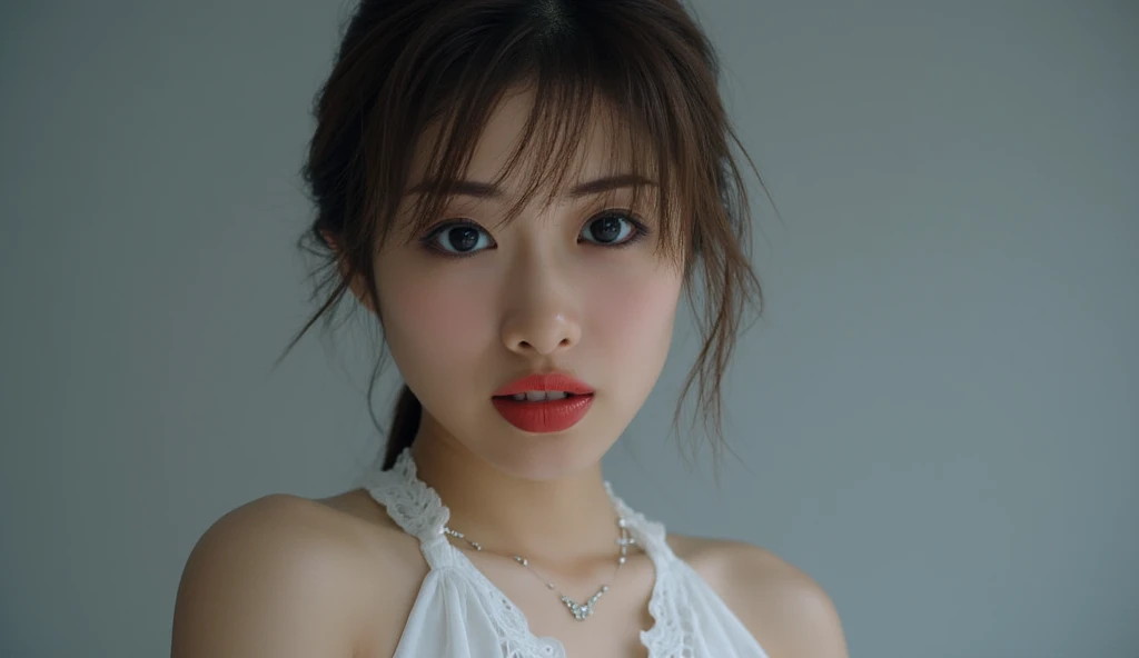 of a beautiful Japanese girl、 medium full shot wearing a white halter ...