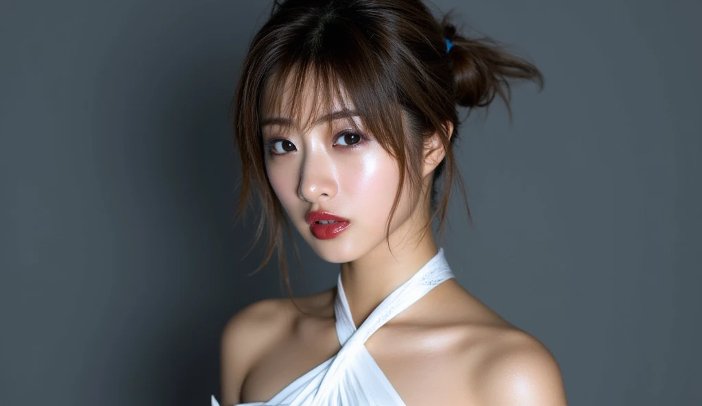 of a beautiful Japanese girl、 medium full shot wearing a white halter ...