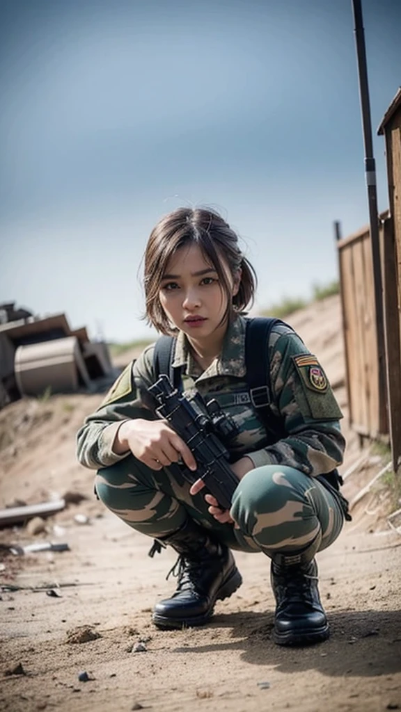 A woman in military uniform is bending down with a gun, With a rifle - SeaArt AI