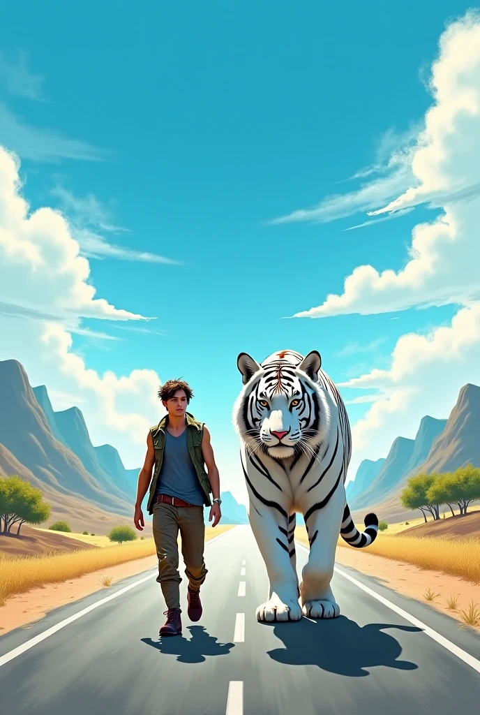 A short-haired male walks down a highway with a white tiger - SeaArt AI
