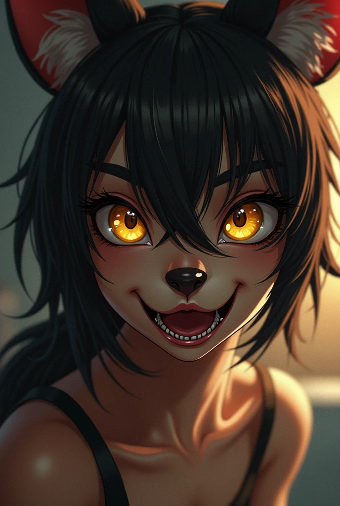 Manglefnaf, female, yellow eyes, anthro,open mouth, tongue out - SeaArt AI
