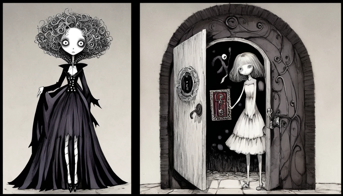 Tim Burton's style、secret door、An interesting person - SeaArt AI