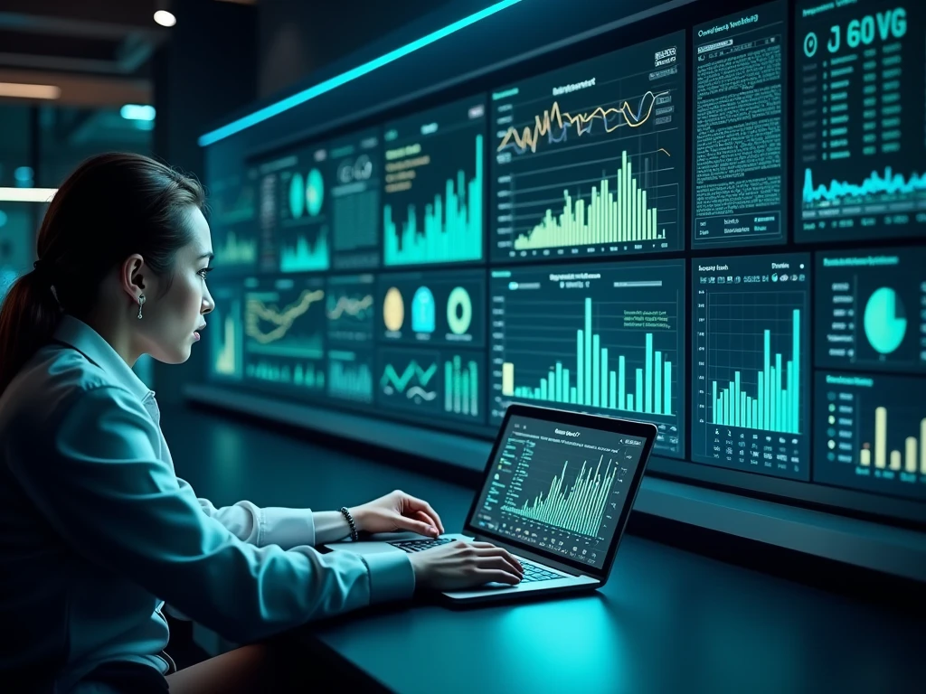 "A high-tech futuristic banking environment with a digital dashboard ...