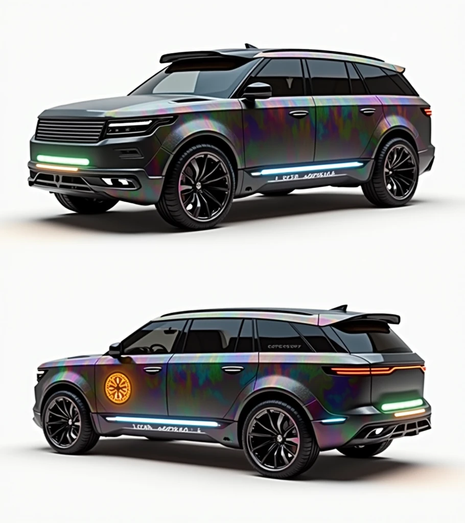 Futuristic hypercar minivan hybrid, covered in rainbow batik pattern ...