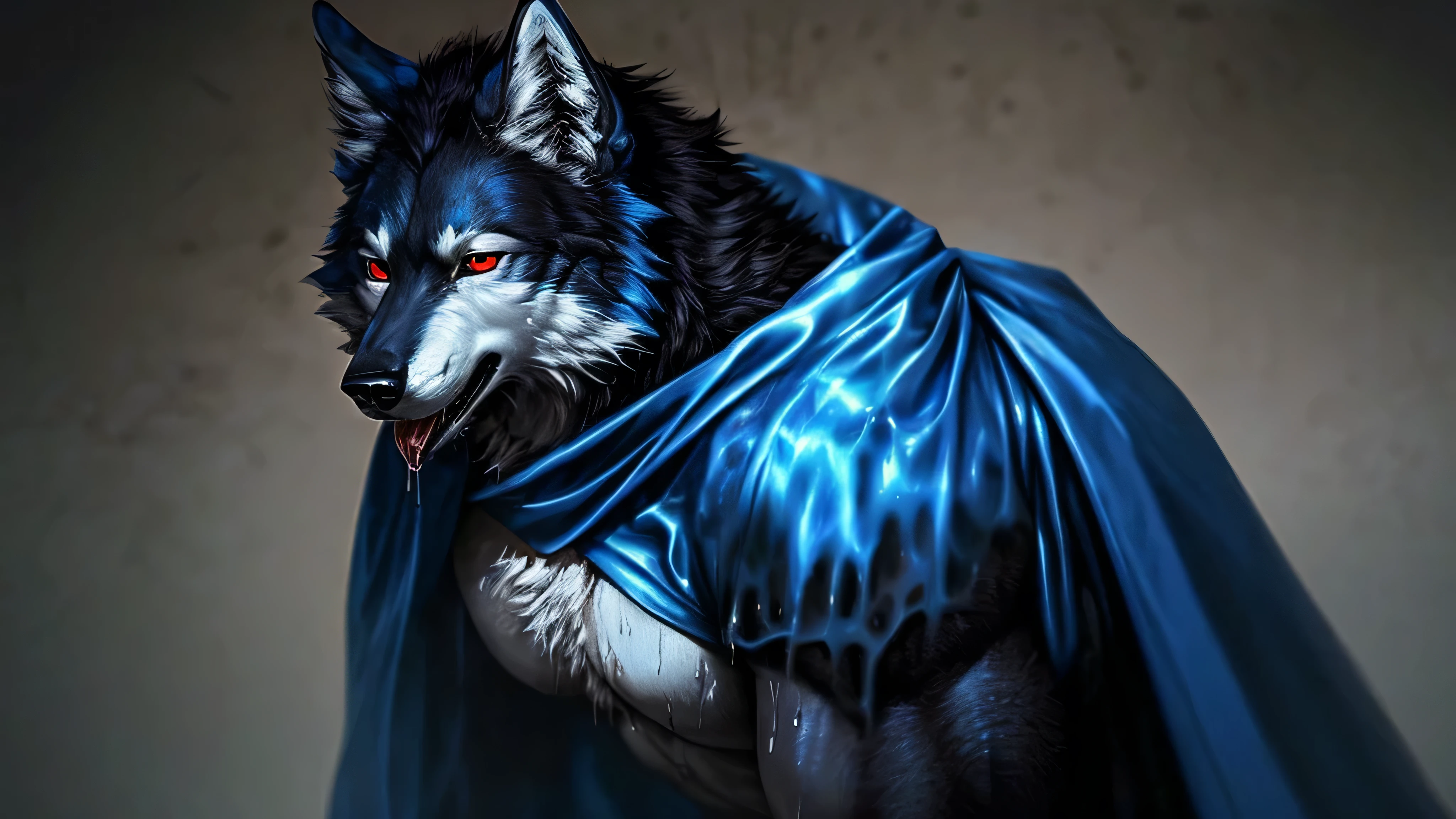 Male, wolf, Black body shiny, white belly, Skinny Muscles, red eyes ...