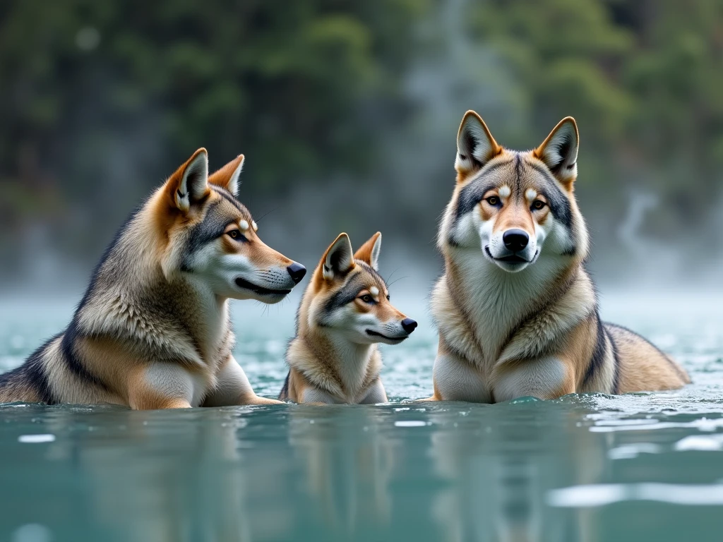 Wolf family warming up in a hot spring