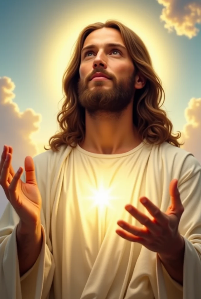 Create a realistic image of Jesus Christ with a serene expression and ...