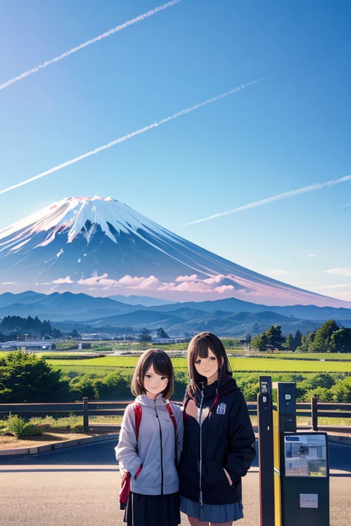 Two women standing in a parking lot with mountains in the background ...