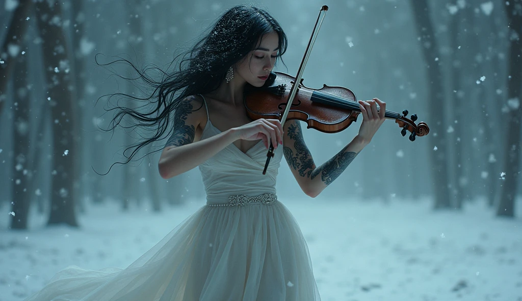 Close sexy woman, Black hair black , tattoo on arms, white dress ...