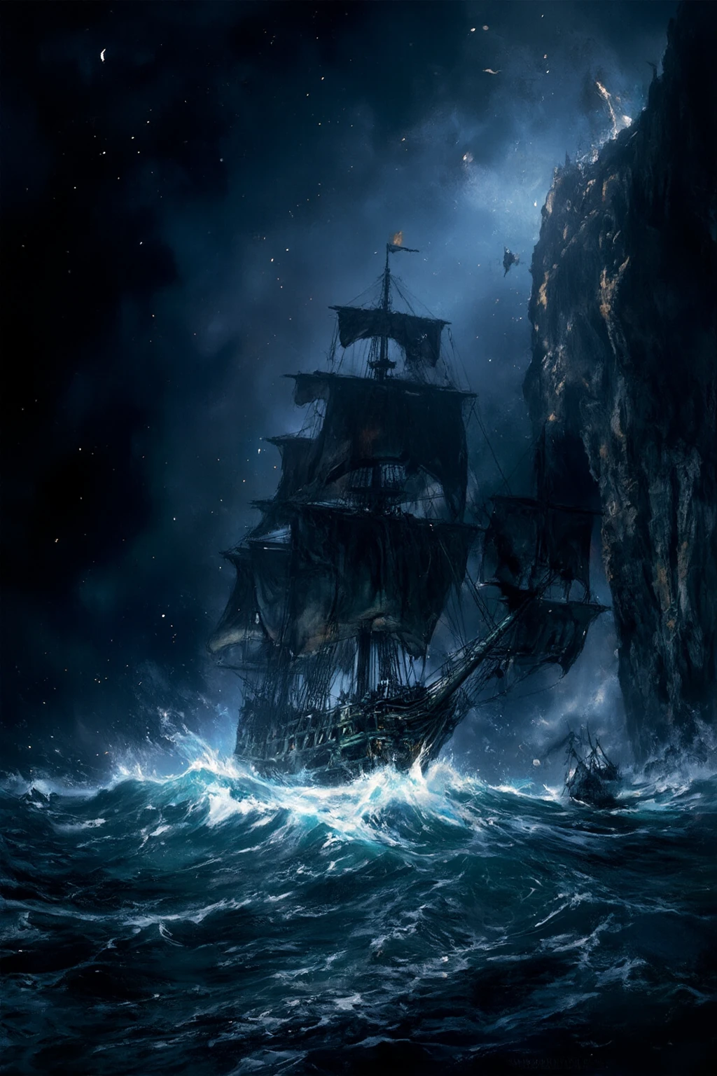 There is a ship in the sea near the cliff , gothic ship at sea - SeaArt AI