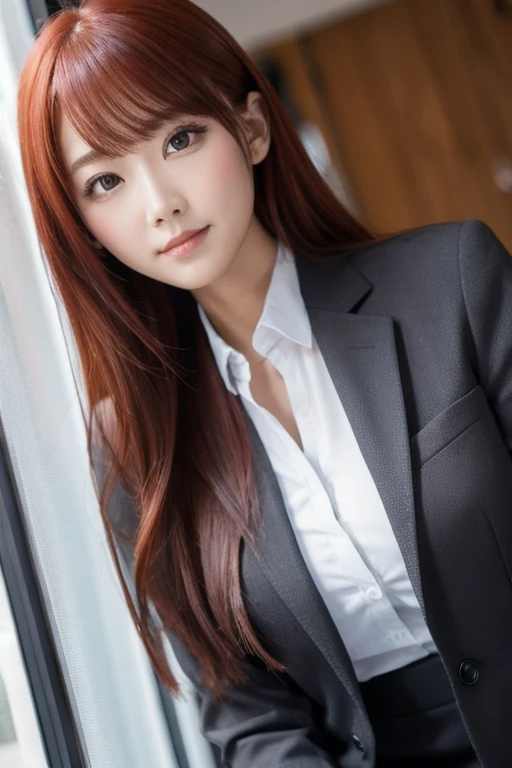 Woman red hair gray eyes long hair Business Suit - SeaArt AI