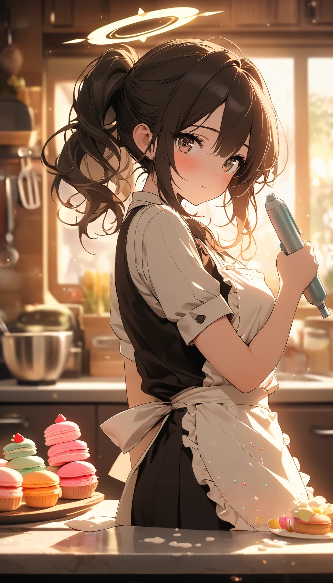 Anime girl in apron with a pastry in her hand - SeaArt AI