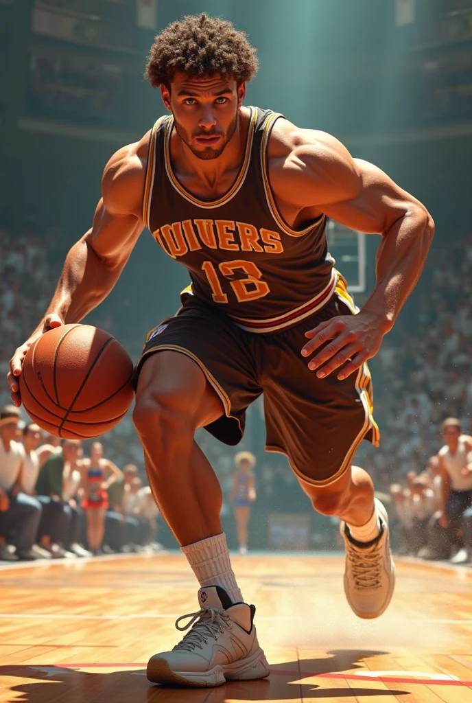 Tall and strong brown basketball player with curly hair and green eyes ...