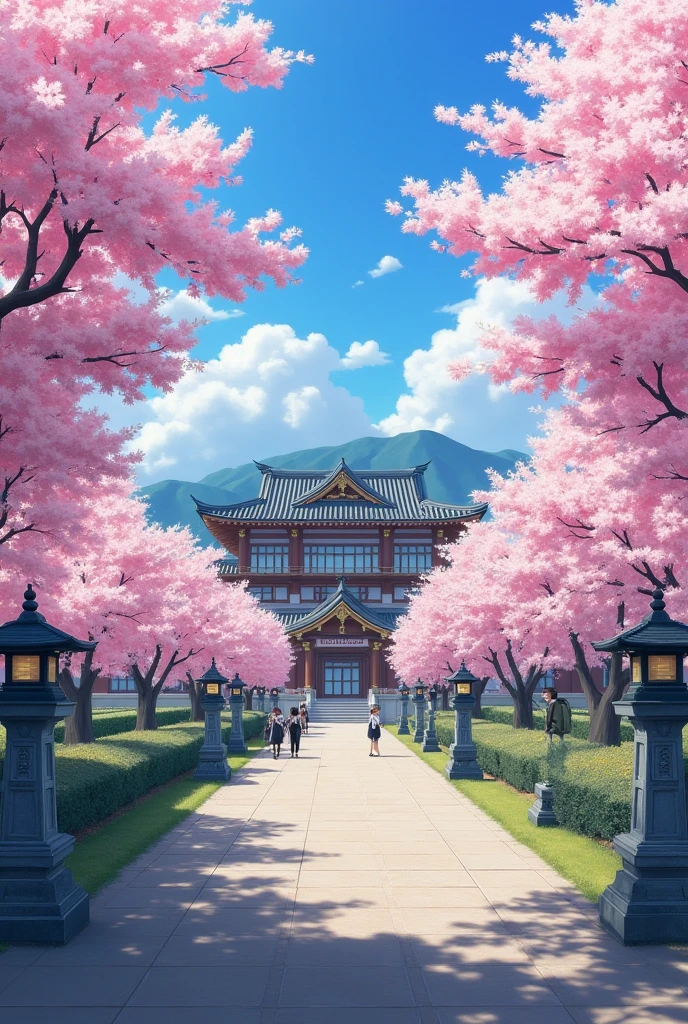 School building with sakura trees in bloom - SeaArt AI