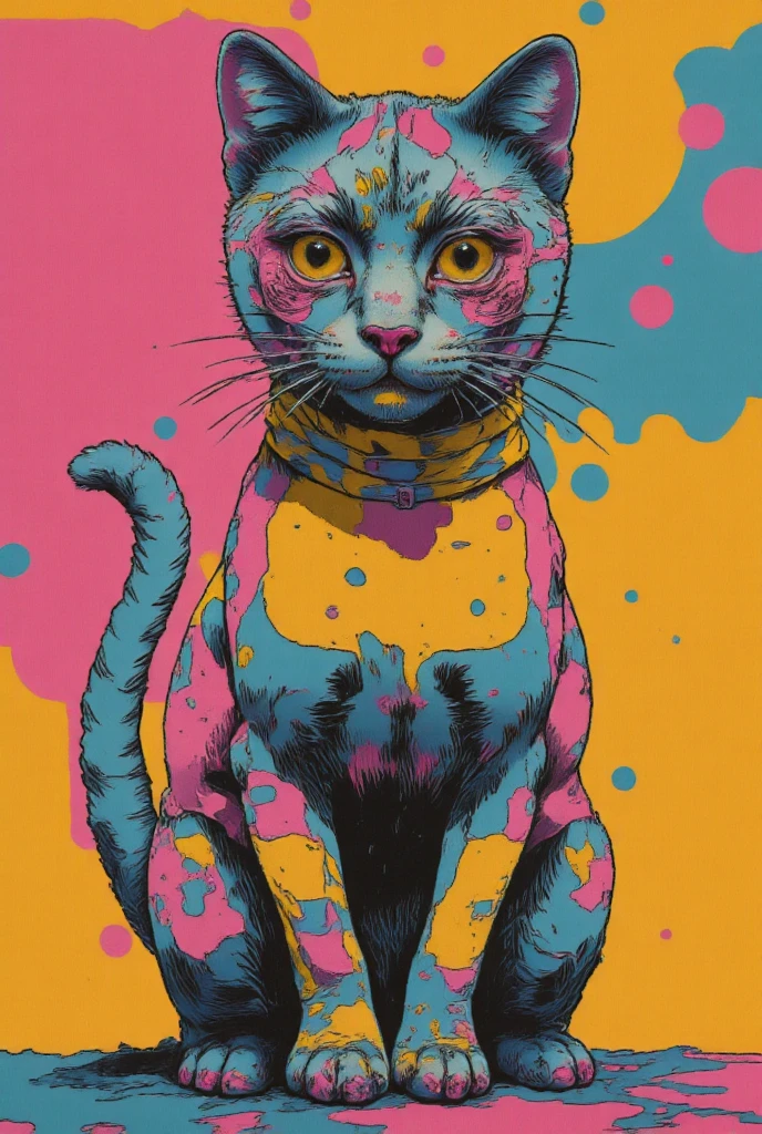 Design a retro plush cat character with stitched eyes and a patchwork ...