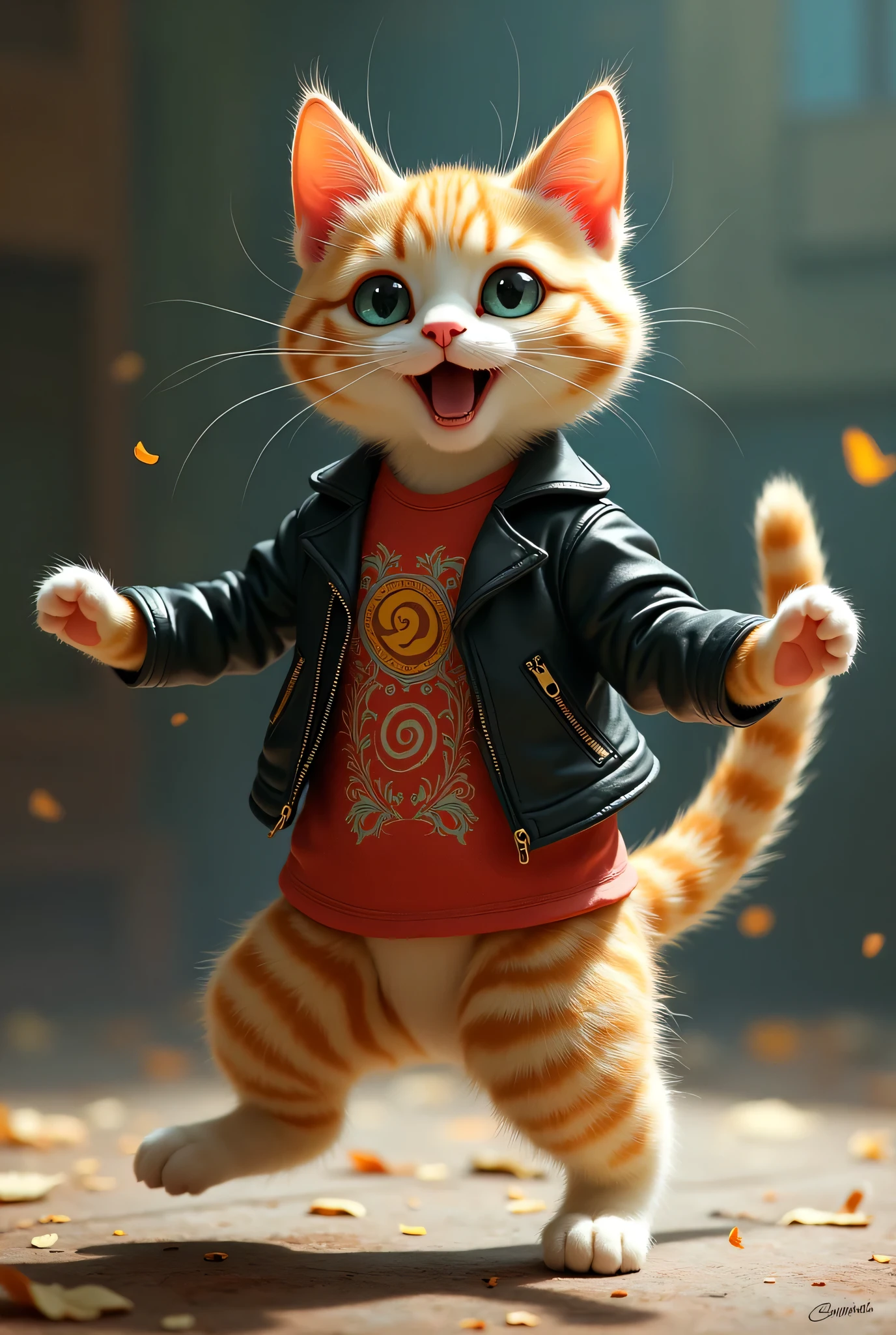 There is a cat that is wearing a jacket and standing on the ground ...