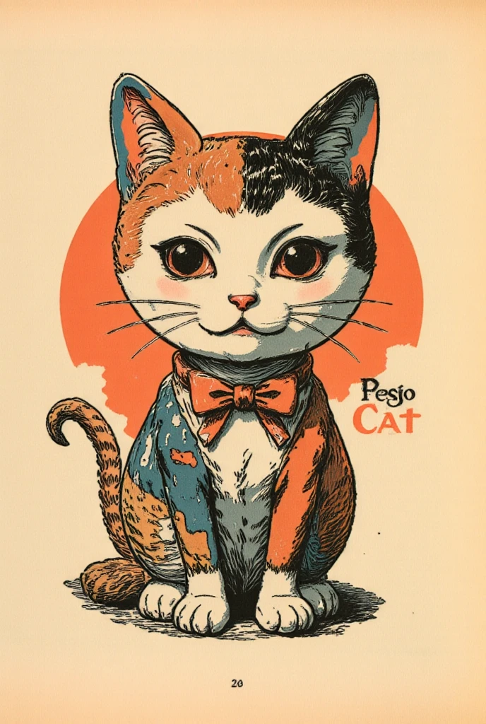 Design a retro plush cat character with stitched eyes and a patchwork ...