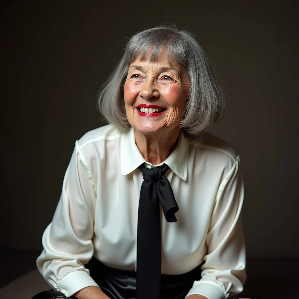 Elderly woman, graying hair styled in a bob cut with bangs that sweep ...