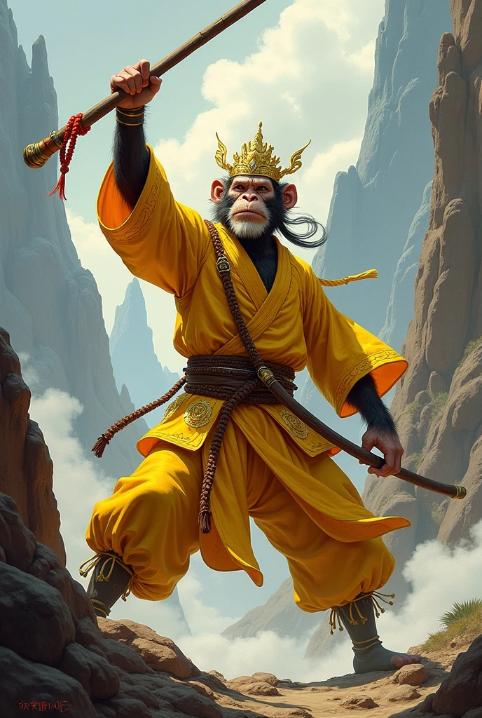 Painting of sun wukong in a yellow outfit holding a staff, concept art ...