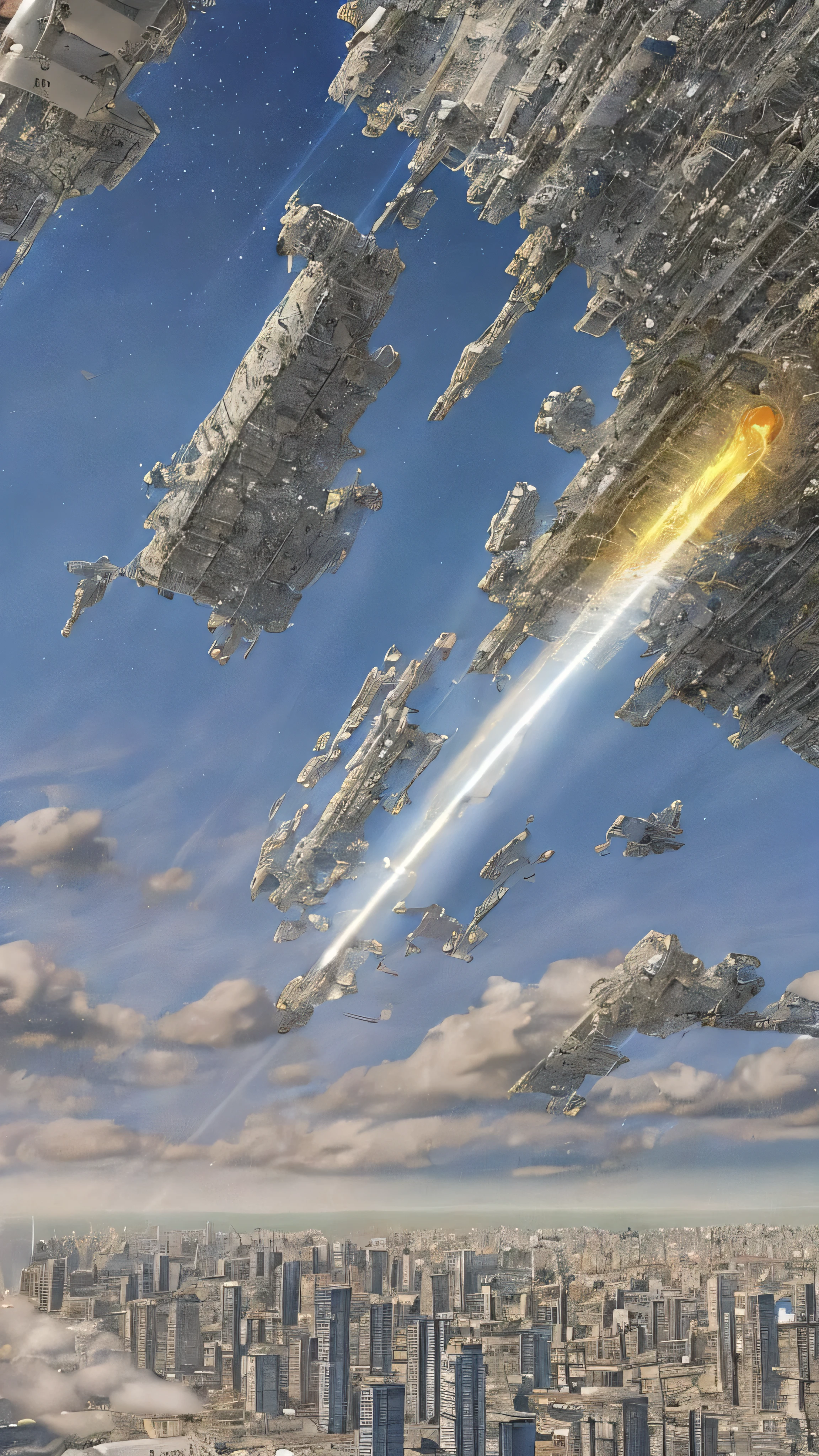 Spaceships flying over a city with a city in the background - SeaArt AI