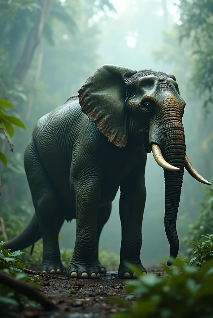 "A hybrid creature combining an elephant and a crocodile, with the ...