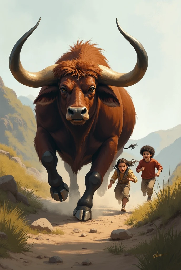 An ox chasing three ren 2 boys and 1 - SeaArt AI