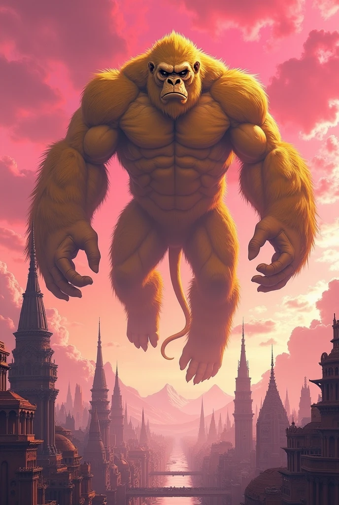 Colossal golden ape (with no wings), with a tail, levitating with over ...