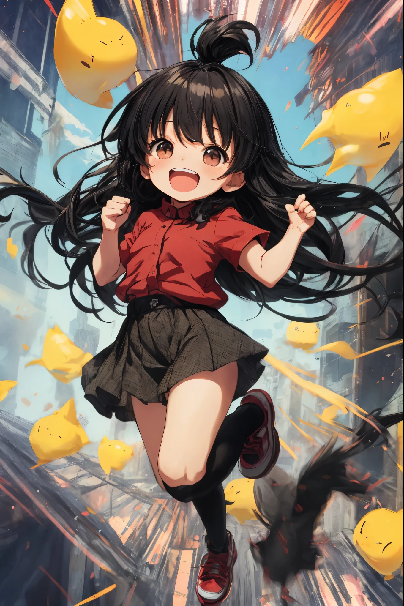 chibi, jumping up and down , long hair, black hair, open their mouths ...