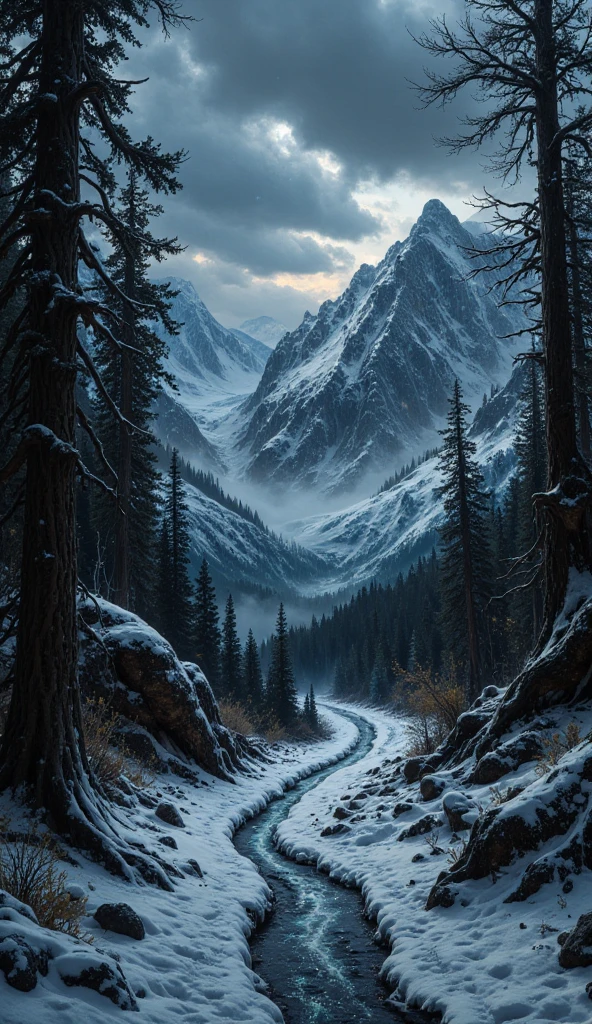 Create a dark and sinister winter landscape set in the frozen ...