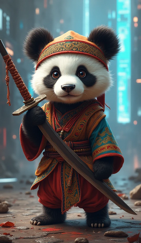 Baby panda use java traditional cloth and blangkon with sword - SeaArt AI