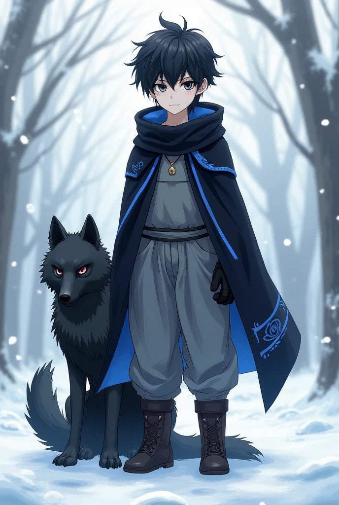 Boy, white skin, grey iron bib, grey pants, black cloak with blue ...