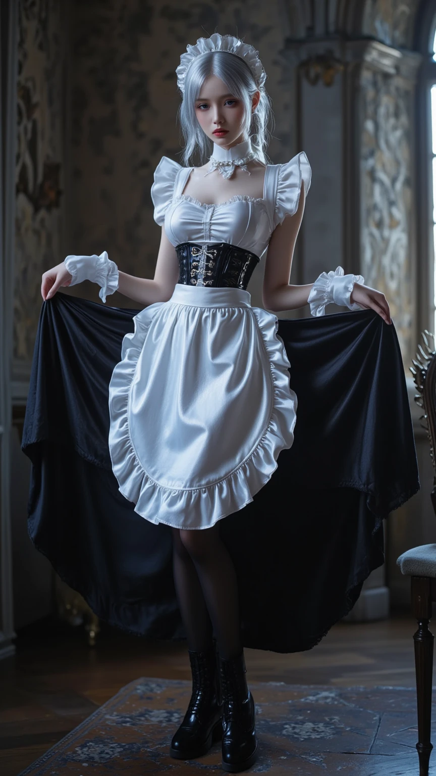 Young Beautiful Woman,(Black and white gothic maid outfit, long skirt ...
