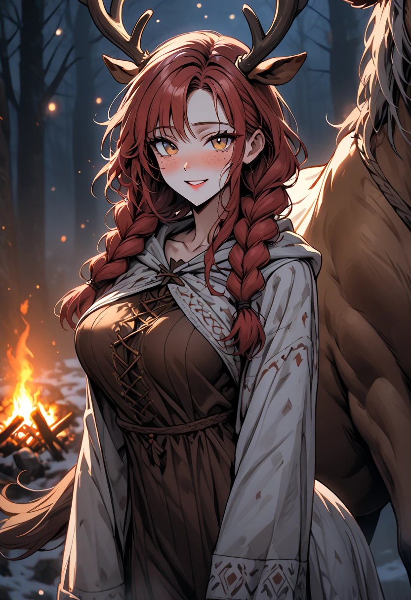 alone:1.4, female, close up, long red hair , wild hair, deer antlers ...