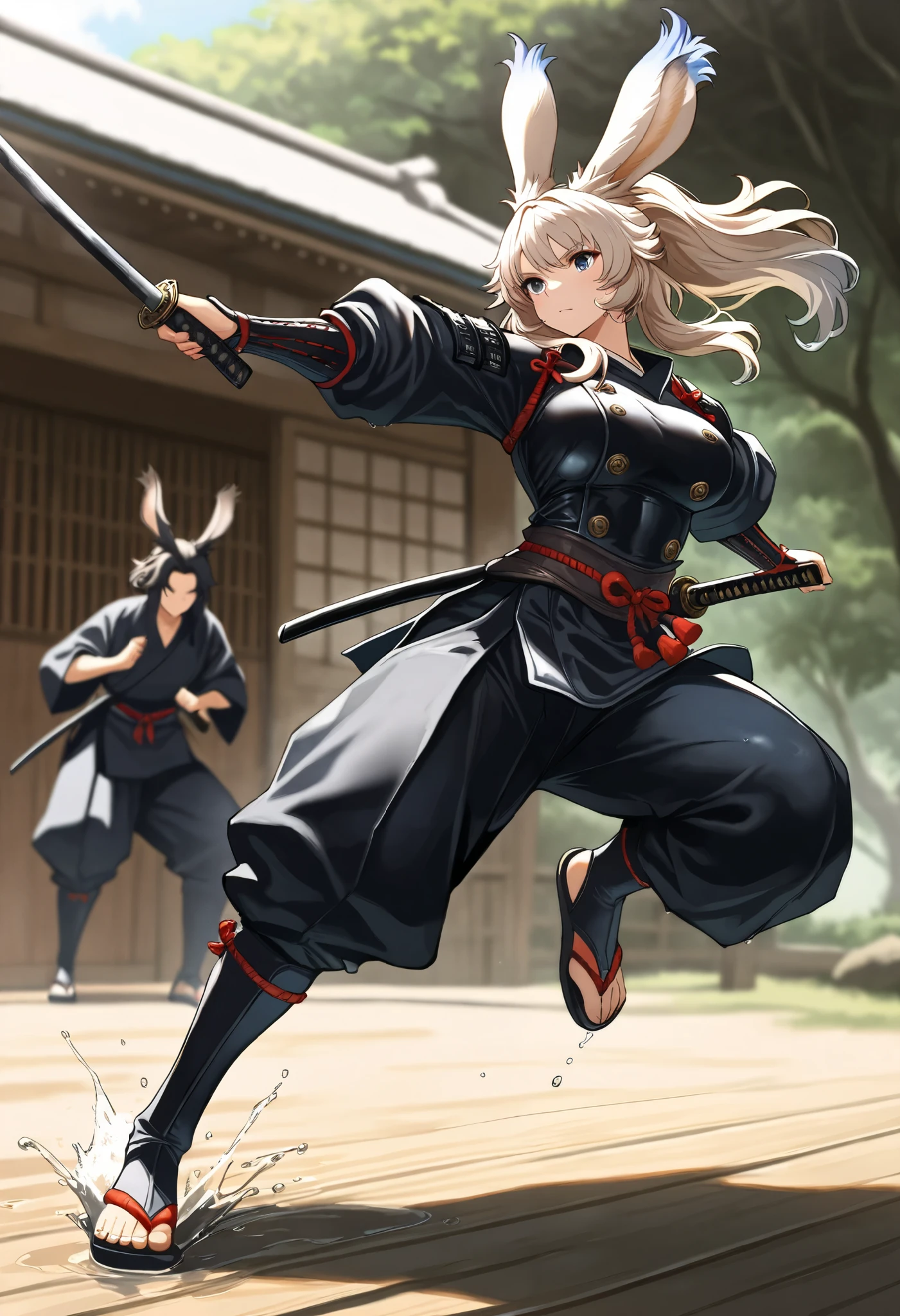 Anime characters in a battle stance with swords in their hands（warrior ...
