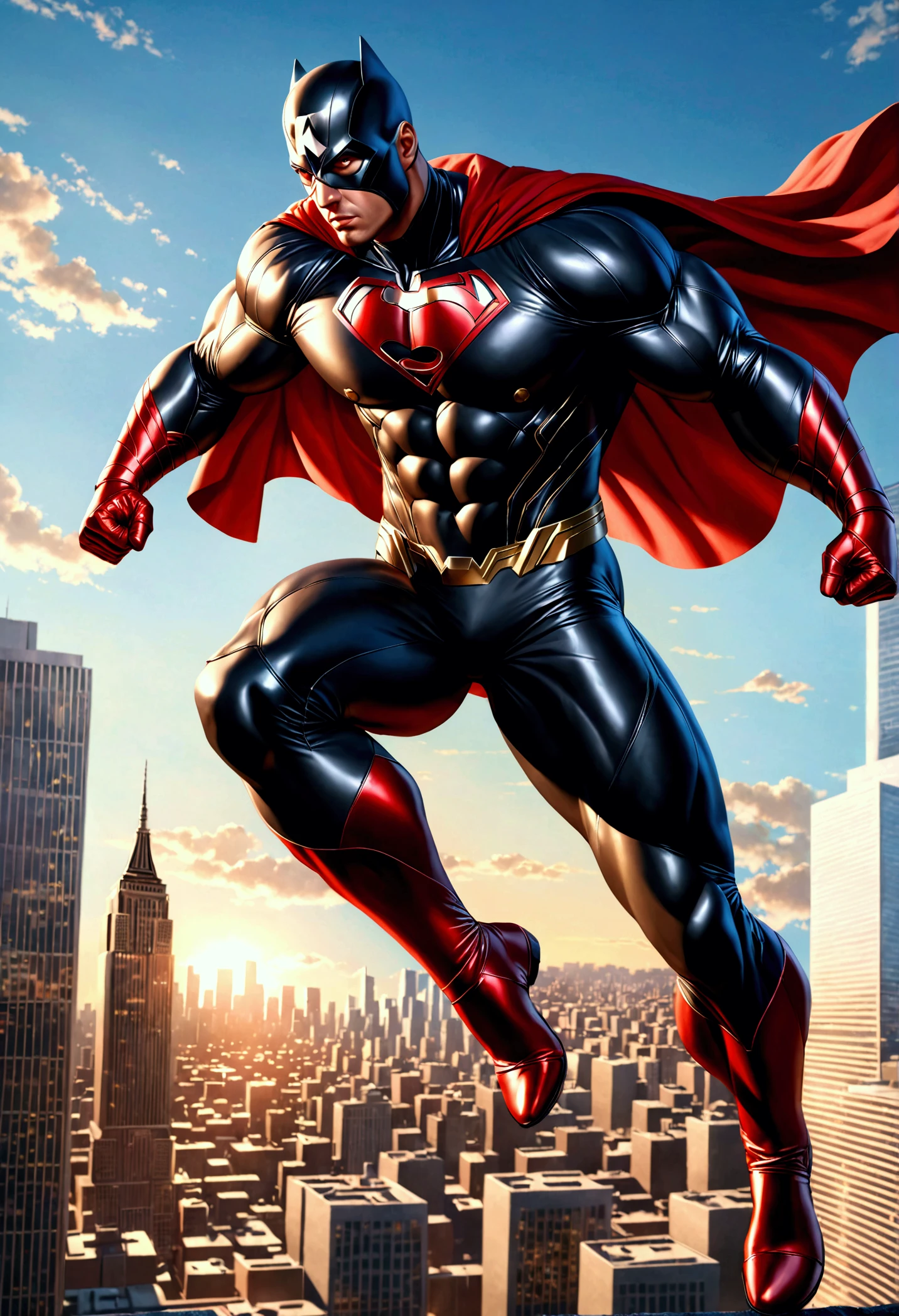 Superhero, male, 1 person, dark black suit, red cape, muscular build ...