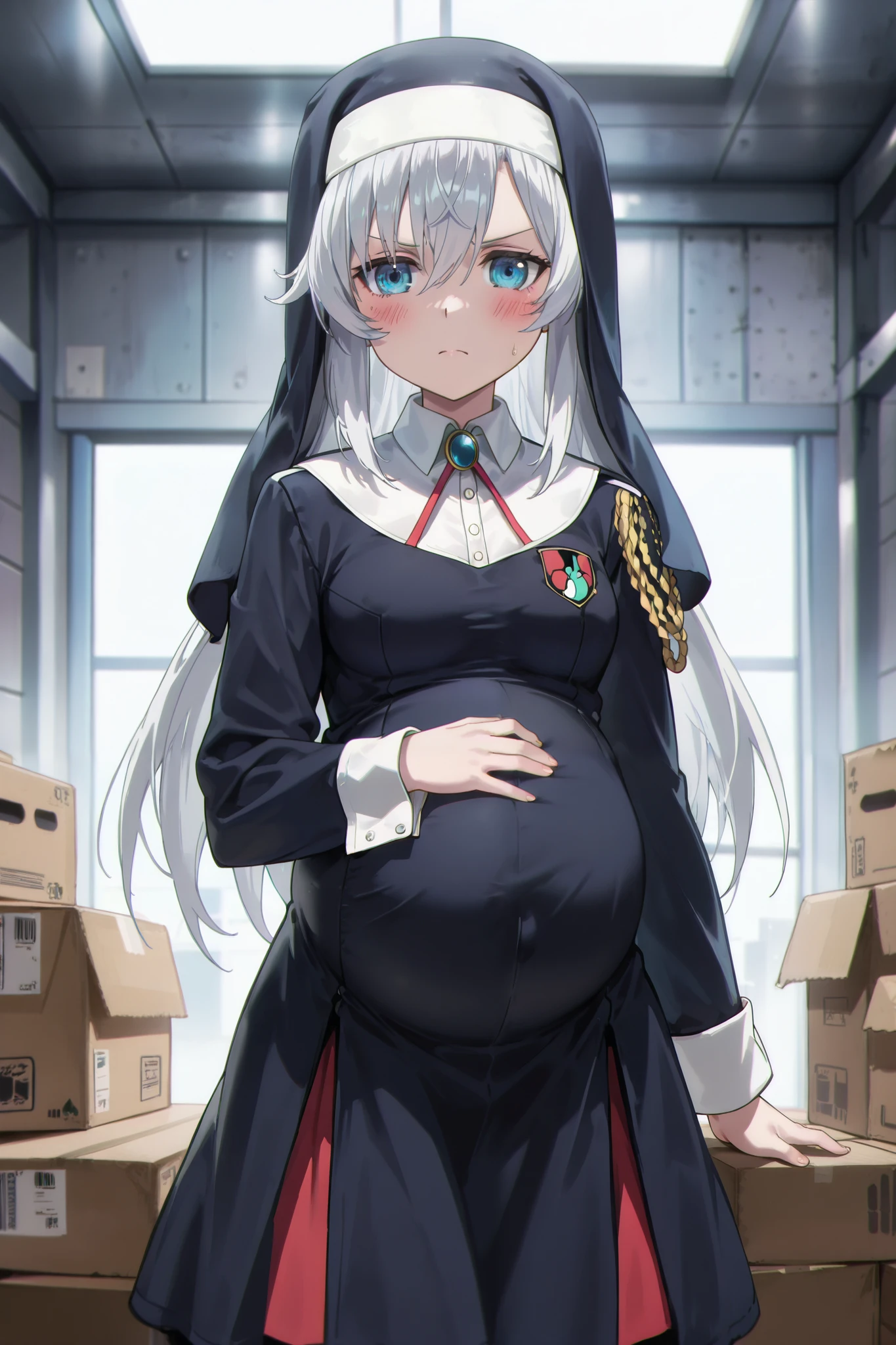Anime character with a large belly in a room full of boxes - SeaArt AI