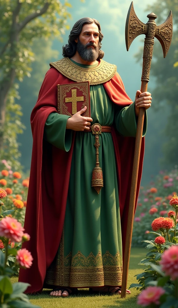Generate a 3d realistic image of Saint Jude Thaddeus stands within a ...