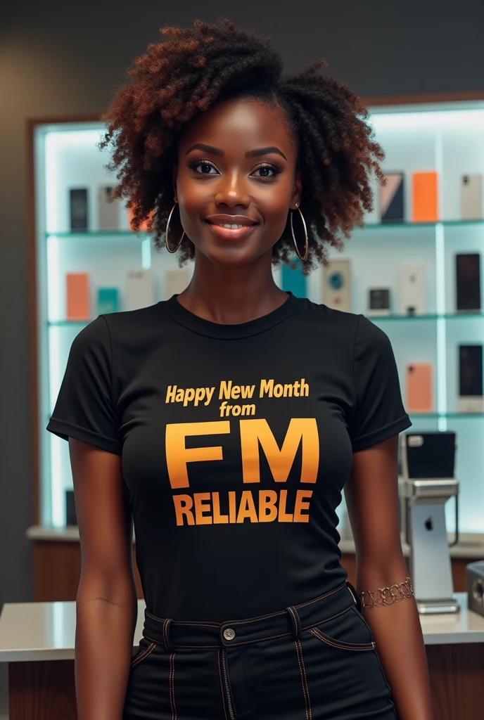 A black beautiful lady in a phone shop with Happy new month from FM ...