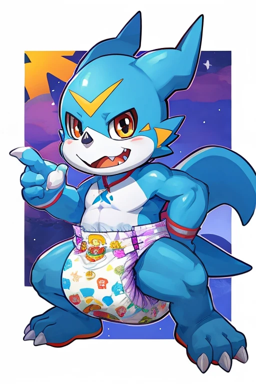 Exbuimon(Digimon)、Big jaw、blue、A big X on his chest、Big Feet - SeaArt AI