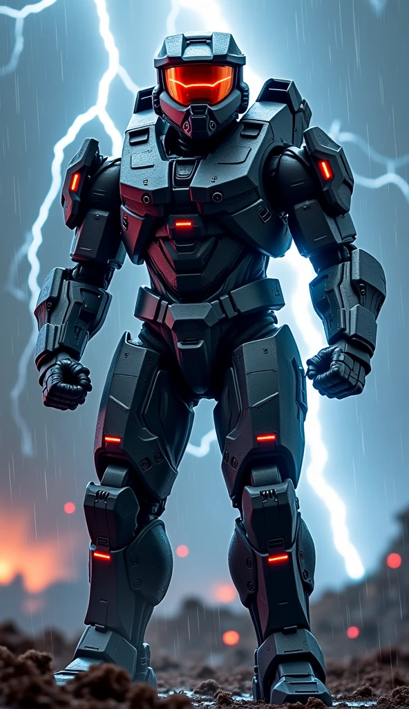 A Master Chief soldier stands in the middle of a storm-ravaged ...