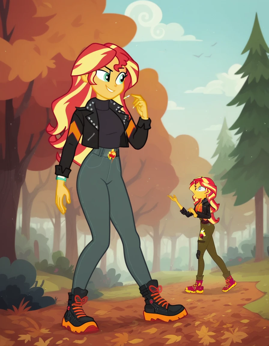 Cartoon-style sunset shimmer, with smile, hair, black sweater - SeaArt AI