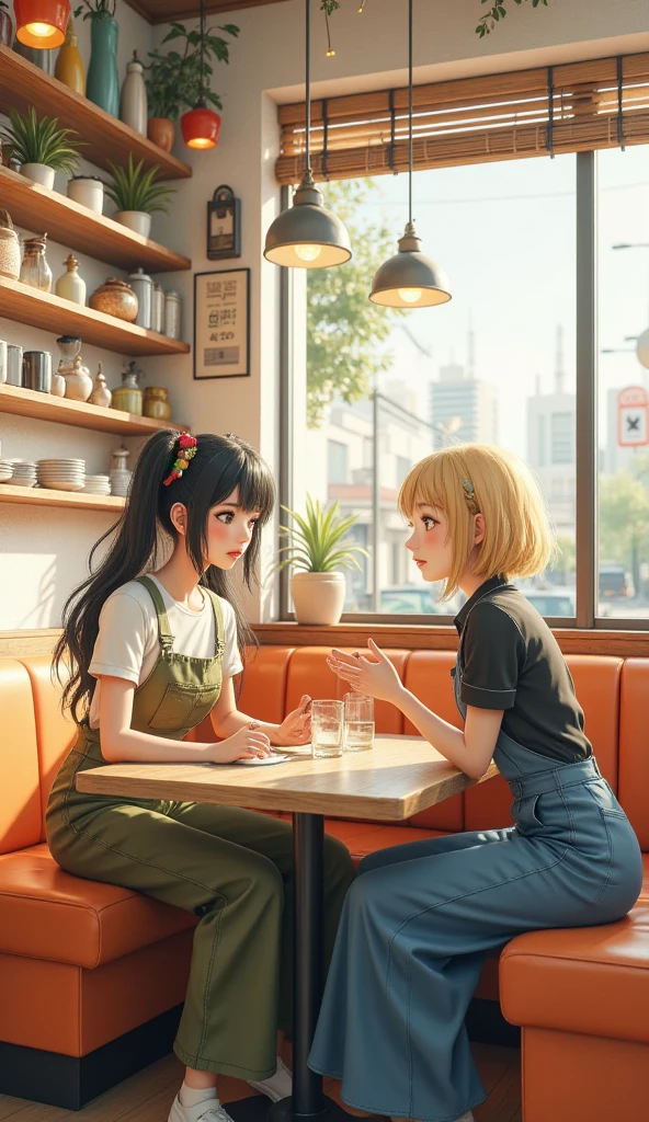 Anime style with vibrant colors. A modern white restaurant corner with ...