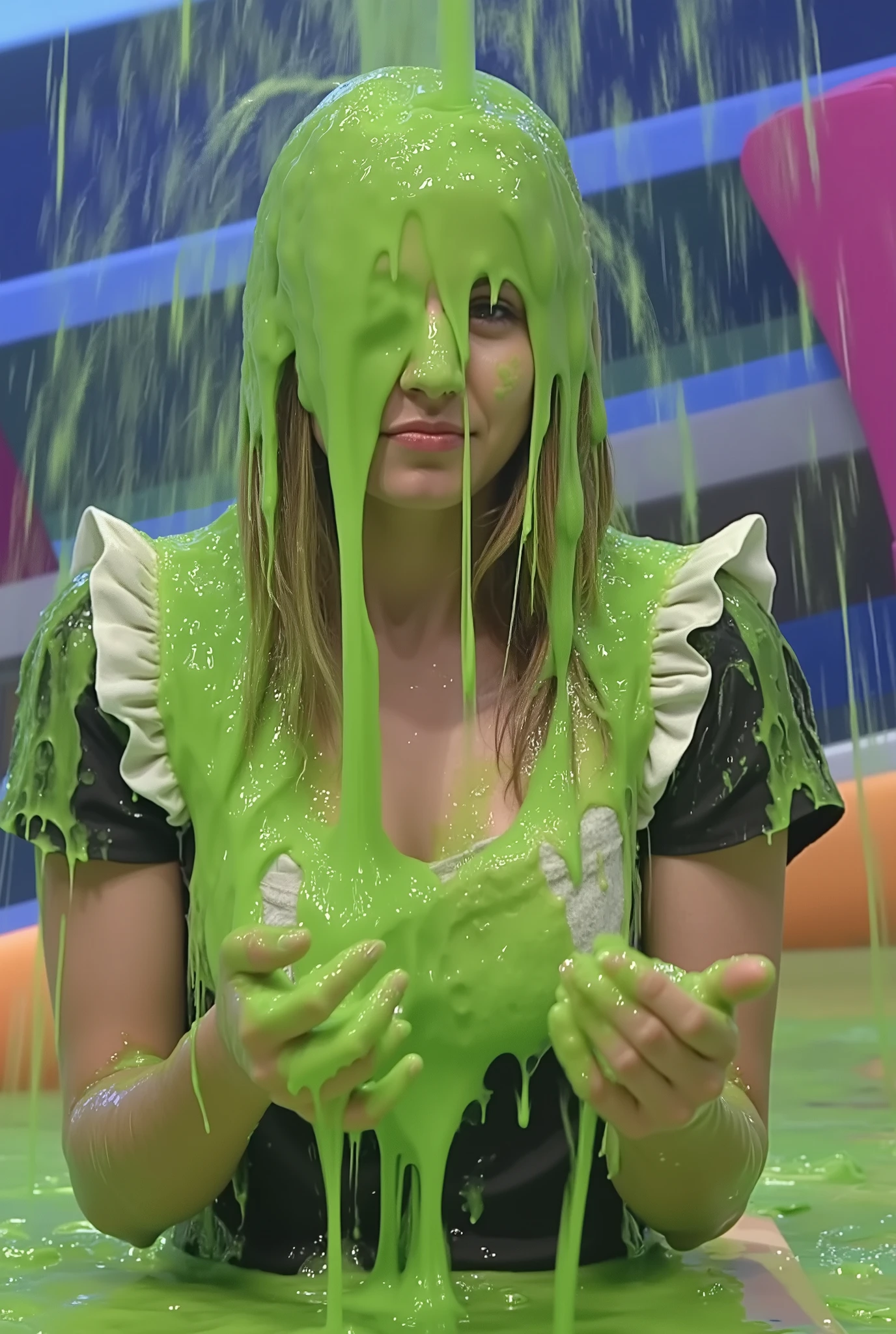 Araffe woman in a black dress is holding a green slime - SeaArt AI