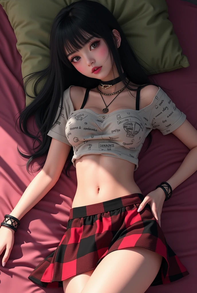 Arafed woman lying on the bed with a dark pink blanket, top with writing and dra - SeaArt AI