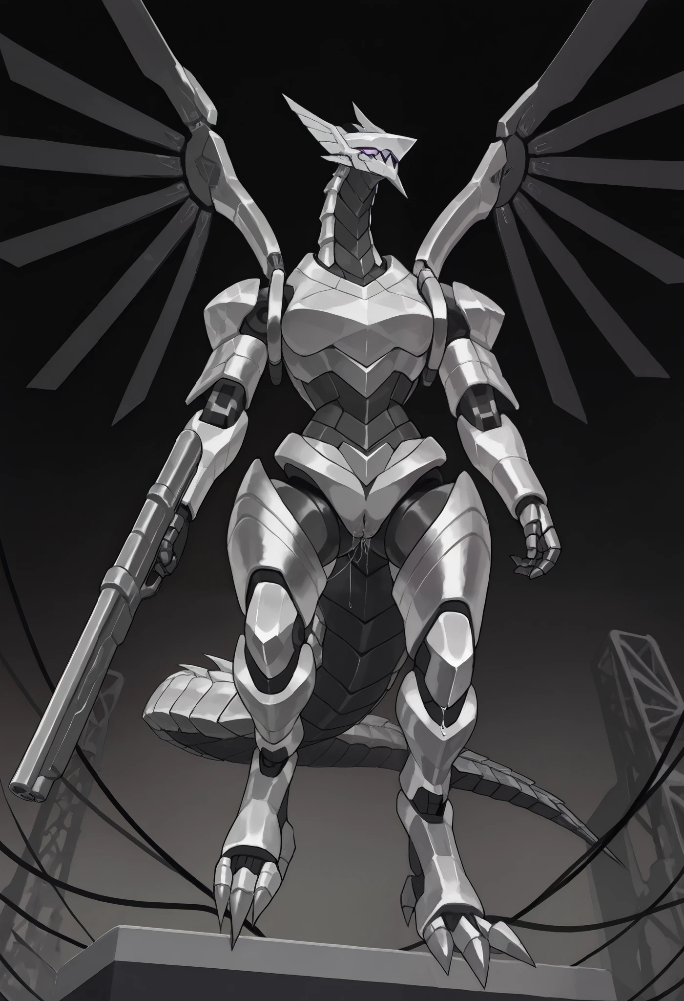 A close up of a robot with a gun on a pedestal - SeaArt AI
